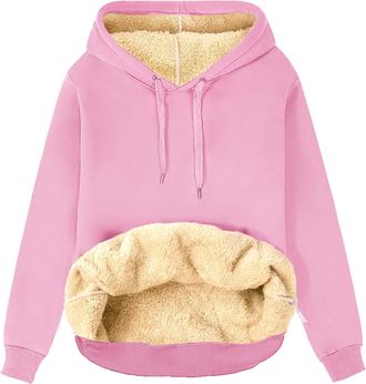 Heekpek Kapuzenpullover Damen Hoodie Sweatshirt Warm Sherpa Futter Casual Lose Kapuzenpullover Damen Winter Herbst Fleecepullover Basic, Rosa, XXL