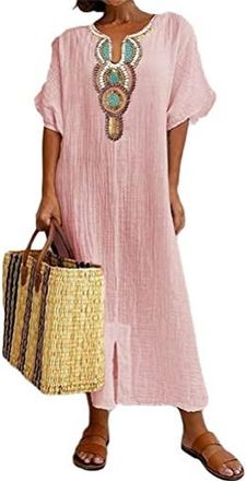 Onsoyours Robe Décontractée Femmes Lin Couleur Unie Maxi Robes avec Poches Plein Avant Bouton Lâche À Manches Longues Col en V Robes Longues Couches Vintage Boh