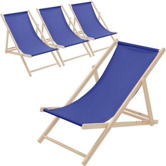 ECD Germany Lot de 4 Chaises Longues Pliantes en Bois Chiliennes, Bleu Fonc&eacute;, Dossier R&eacute;glable, 3 Positions de Couchage, jusqu&agrave; 120kg, Bain de Soleil en Tissu