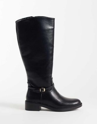 New Look kniehohe Reitstiefel mit Schnalle in Schwarz