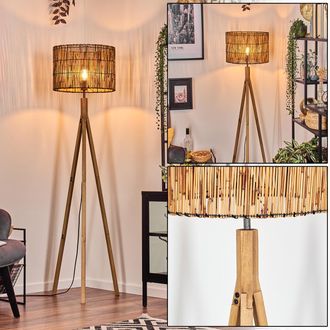 HOFSTEIN Stehleuchte Bassagoda, Stehlampe mit Holzfuß im skandinavischen Design, Boho-Style mit Schirm aus Bambus, Ø 40 cm, E27, Höhe 164 cm, Fußschalter - Woh