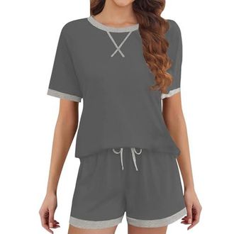 Generic Chemise De Nuit Flanelle Pyjama Short Femme XS Ensemble 2 Pi&egrave;ces &agrave; Manches Courtes Et Short &agrave; Rayures pour Femme avec Poches Pyjama Satin Ensemble Gre