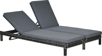 OUTSUNNY Polyrattan Doppelliege Sonnenliege Gartenliege f&uuml;r 2 Personen Relaxliege Luxus Lounge 5-stufige R&uuml;ckenlehne Metall PE Rattan Grau 196 x 120 x 28 cm