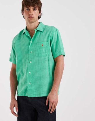 Polo Ralph Lauren Chemise en cr&eacute;pon de lin &agrave; manches courtes et logo embl&eacute;matique - Vert-Bleu marine