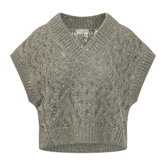 Brunello Cucinelli Femme, Pulls, Gris, Taille: 40 FR Sequin V-neck Knitted Vest