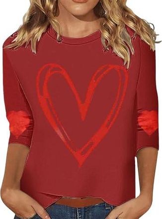 Generic Chemise de Saint-Valentin 2026 pour femme - Imprim&eacute; coeur - Longueur 3/4 - En coton - Col rond - Pour la vie quotidienne, les rendez-vous galants, Rou