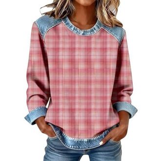 Generic Sweat-shirt &agrave; carreaux en denim patchwork surdimensionn&eacute; &agrave; col rond avec coutures en jean pour femme - Haut &agrave; manches longues - Motif &eacute;cossais r&eacute;tro Y