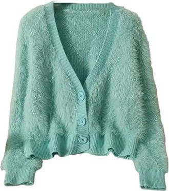 Generic Pull court en fourrure douce pour femme Style paresseux Col en V, Bleu, taille unique