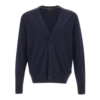 HUGO BOSS Cardigan &agrave; col en V en laine vierge - Homme - Pulls - Bleu - Taille: 2XL