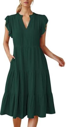 Generic Robe d&eacute;t&eacute; pour femmes - Robe midi &agrave; manches volant&eacute;es et col en V - Coupe fluide et d&eacute;contract&eacute;e, style boh&egrave;me, vacances de plage, robe ample pour fem