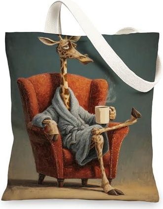 Generic Sacs fourre-tout fantaisistes en toile motif girafe, sacs de courses réutilisables, légers et lavables à bandoulière pour G, marron, 13x15 Inch