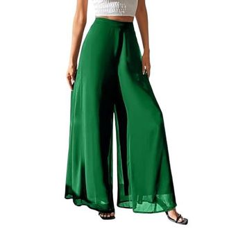 Generic Robe de plage en mousseline de soie pour femme - Pantalon palazzo ample et &eacute;l&eacute;gant - Taille &eacute;lastique avec poches, Vert, XXL