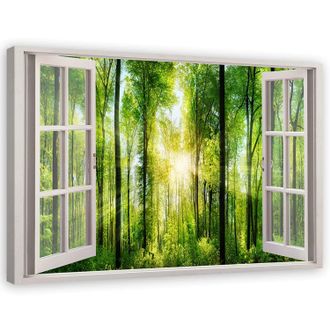 Feeby Leinwand Bilder - Bild Wohnzimmer - Fensterblick Wald Gr&uuml;n - 120x80 cm XXL 1tlg - Deko Schlafzimmer Gro&szlig; - Dekoration Canvas - Gem&auml;lde - Modern Wandbi