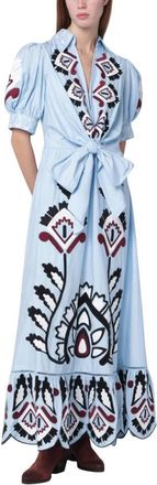 Farm Rio Farm Rio, Femme, Robes, Bleu, Taille: 36 FR Robe Maxi Brod&eacute;e &agrave; Manches Bouffantes