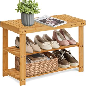 Songmics Schuhregal Bank, 3-stöckige Bambus Schuhaufbewahrung Organizer Eingangsbank hält bis zu 130 kg, für Eingangsbereich, Badezimmer, Schlafzimmer, Natürli