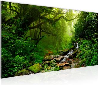 Runa Art Wandbild Wald Natur 1 Teilig 100 x 40 cm Modern Bild auf Vlies Leinwand Landschaft Wasserfall Wohnzimmer Schlafzimmer Grün 047312a