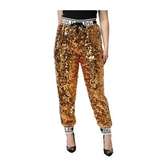 Dolce & Gabbana Femme, Pantalons, Jaune, Taille: 40 FR Joggers Taille Haute &agrave; Logo M&eacute;tallis&eacute; et Sequins