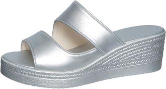 Generic Sandales &agrave; talons compens&eacute;s pour femme - Bout ouvert - L&eacute;g&egrave;res et d&eacute;contract&eacute;es - &Agrave; enfiler - Pour l&eacute;t&eacute; - Chaussures de plage romaines, Argent&eacute;., 40.5