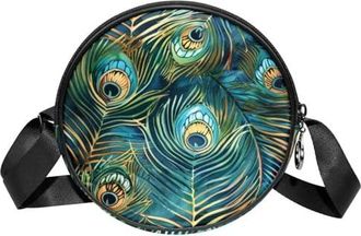 Generic Sac &agrave; bandouli&egrave;re rond rond pour femme, motif plumes de paon, avec fermeture &eacute;clair, bretelles r&eacute;glables, style d&eacute;contract&eacute;