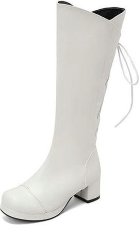Generic Bottes hautes &agrave; lacets &eacute;lastiques pour femme avec fermeture &eacute;clair lat&eacute;rale, plateforme confortable, bout rond, talons blocs, chaussures dhiver, blanc