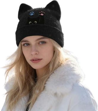 Generic Bonnet Femme Hiver Bonnet Femme Chapeau Femme Hiver Confortable Classique - Broderie Chat Cozy Hiver, Oreilles R&eacute;versibles, Id&eacute;al pour D&eacute;tente &Agrave; La Ma
