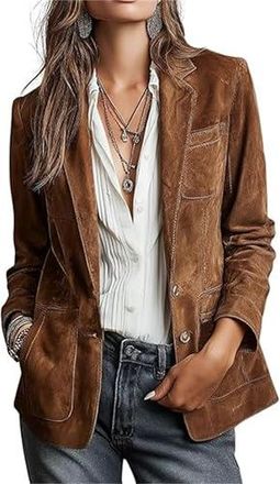 Generic Blazer r&eacute;tro en daim synth&eacute;tique pour femme - Automne et hiver - Style d&eacute;contract&eacute; - Col crant&eacute; - Poches, marron fonc&eacute;, L