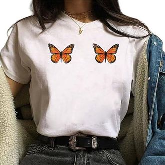 Keephen Vibrant Papillon T-Shirt Femmes Belle Color&eacute; Papillon Impression 3D Manches Courtes Blouse Casual Col Rond Tee Tops