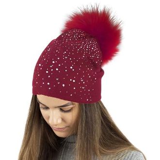 TOSKATOK Ladies Fine Knit Winter Beanie Hat with Diamante Glitter Applique and Large Faux Fur Pompom-1