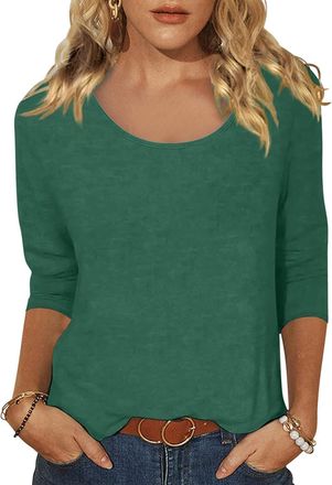 Minetom Damen T-Shirt 3/4 Arm Shirt mit Rundhalsausschnitt Tshirt Sommer Basic Pullover Oberteile Herbst A Gr&uuml;n XL