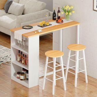 Soges Soges Ensemble table de bar, table &agrave; manger et 2 chaises, table de cuisine avec 3 compartiments de rangement, console, 91 x 49,5 x 91 cm, teck blanc