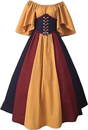 ORANDESIGNE Robe Renaissance Femme Robe Médiévale Costumes Manches Longues Lacets Vintage Halloween Costume avec Manche Flare Gothique Robe A Jaune 4XL