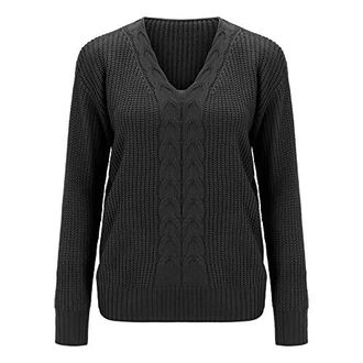Generic Pull en tricot &agrave; manches longues pour femme - Couleur unie - Col en V - Coupe ajust&eacute;e - Automne et hiver, Noir, XL