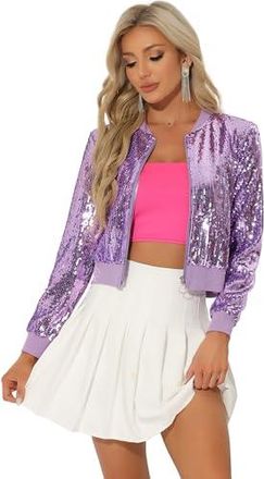 Allegra K Blouson à Paillettes Femmes Veste à Sequin à Manches Longues Bomber Aviateur Zippé Brillante pour Soirée et Disco Violet clair XS
