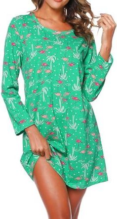 Mia Lucce Chemise de Nuit Femme Manches Longues Coton Chemises de Nuit Femme Vêtement De Nuit Rond S-3XL