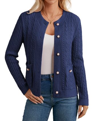 Grace Karin Damen Cardigan mit Texturmuster Langarm Rundhals Knopfverschluss Taschen Weicher Strick CL262-03/Marineblau S