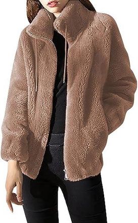 Generic Manteau en molleton moelleux pour femme, veste dhiver en peluche pour femme, col montant épais, cardigan chaud doublé avec poches, fermeture éclair, c