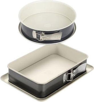 Dr. Oetker 9928950 Set de 2 moules à gâteaux, Plat four, Moule rectangulaire à charnière, Moule à charnière, Moule à manqué, moule rond, Acier, Céramique, 28 x 8