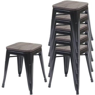 Hhg 6er-Set Hocker 771 inkl. Holz-Sitzfl&auml;che, Metallhocker Sitzhocker, Metall Industriedesign stapelbar schwarz