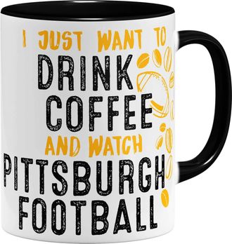 OM3 Pittsburgh-Coffee - Tasse - Keramik Becher - American Football Mug - 11oz 325ml - Beidseitig Bedruckt - Schwarz
