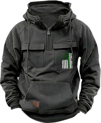 Generic Sweat &agrave; capuche cargo pour homme avec poches &agrave; cordon de serrage et imprim&eacute; 2D ray&eacute; et demi-fermeture &eacute;clair - Pull d&eacute;contract&eacute; &agrave; manches longues avec