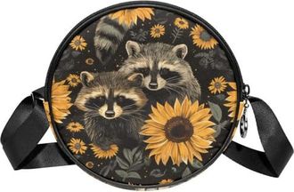 Generic Petit sac &agrave; bandouli&egrave;re circulaire pour femme, motif tournesol raton laveur avec fermeture &eacute;clair, bretelles r&eacute;glables, sac &agrave; main rond d&eacute;contract&eacute; po