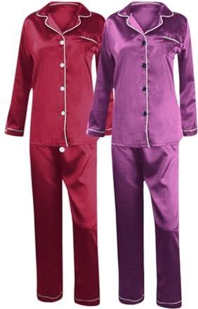Generic Pyjama long pour femme avec boutonni&egrave;re - 2 pi&egrave;ces - Manches longues - Doux et confortable - Ensemble pyjama &agrave; revers - Couleur unie - Avec poches - V