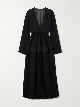 Alaia Robe Midi À Basque En Georgette À Fronces - Noir
