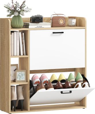 HOMCOM Schuhregal 2 T&uuml;ren, Eingangsflur Schuhregal mit 3 Seitenb&ouml;den und verstellbaren Einlegeb&ouml;den, f&uuml;r 15 Paar Schuhe, f&uuml;r Flur, platzsparend, 83x24x90,5 c