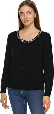 Lazutom Cardigan en tricot l&eacute;ger &agrave; manches longues et col rond avec boutons pression pour femme, noir, Taille M