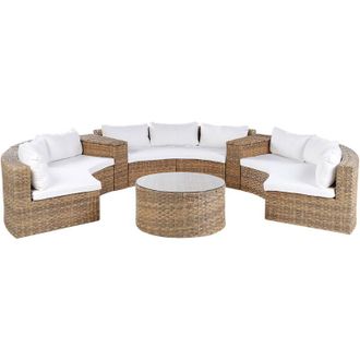 Beliani Gartenm&ouml;bel Set Goldbraun Rattan u. Aluminium Halbrund Modern 9-Sitzer Sofa mit Couchtisch Kissen Wei&szlig; Terrasse Outdoor Lounge Set 6-Teilig