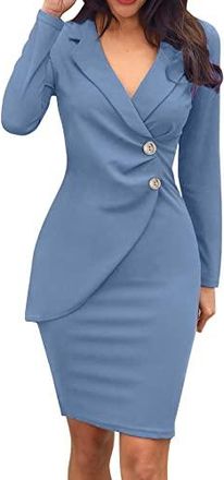 Generic Robe amincissante &agrave; manches longues et col rabattu pour femme, bleu, XXL
