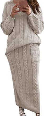 Minetom Ensemble Tricot Femme 2 Pièce Pullover Col Rond Manches Longues Pull et Jupe Chandail Survêtement Tricoté Aotumne Hiver Midi Robe A Abricot L