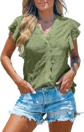 Cupshe Chemisier texturé à manches flottantes pour femme, col en V, manches courtes, en dentelle, chemise habillée décontractée, vert olive, L