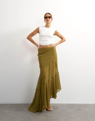 Topshop jupe longue asym&eacute;trique &agrave; empi&egrave;cements transparente verte-Bleu